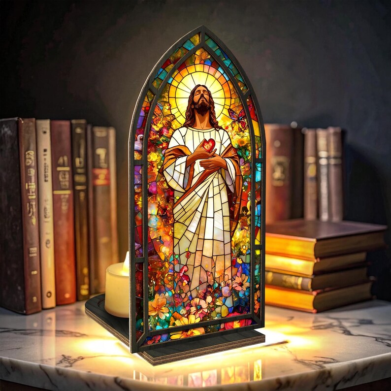 Sacred Heart Stained Glass Book Nook, Jesus Religious Bookshelf Insert ...