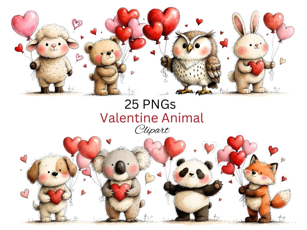 25 PNG JPG Animals Valentine Day Clipart: Whimsical Graphics Pdf ...