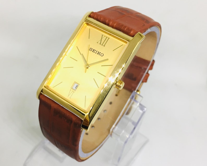 Vintage Seiko Tank: Golden Date Window Dial, Tan Leather Band, Wrist ...