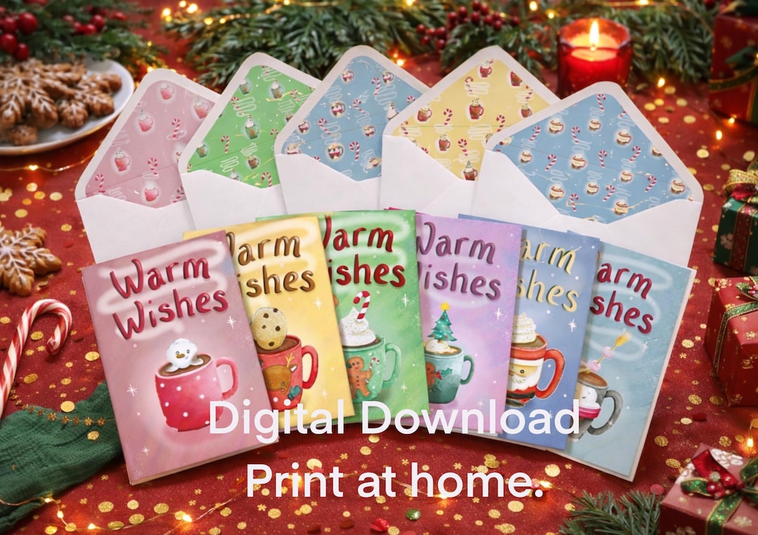 Printable Christmas Card Bundle, Warm Wishes Hot Cocoa Cards, Matching ...