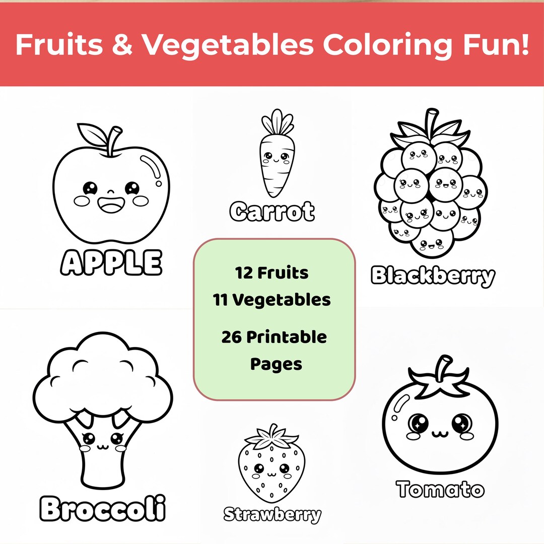 Fruits & Vegetables Coloring Pages for Kids | Kawaii Printable Coloring ...