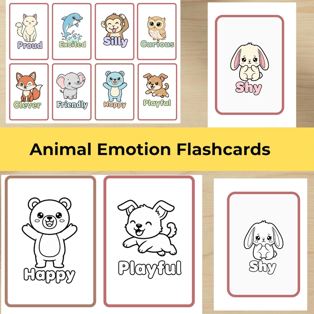 Animal Emotions Flashcards for Kids | Printable Color & BW PDF Set - Etsy