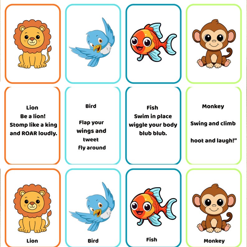 Animal Action Cards | Movement Matching Game Printable PDF for Kids - Etsy
