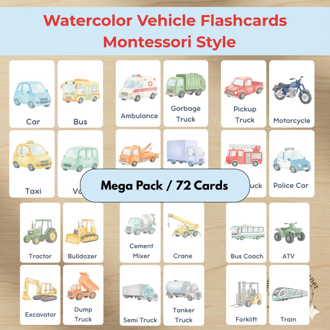 Watercolor Vehicle Flashcards | Montessori 3-part Cards | 72 Cards Mega ...