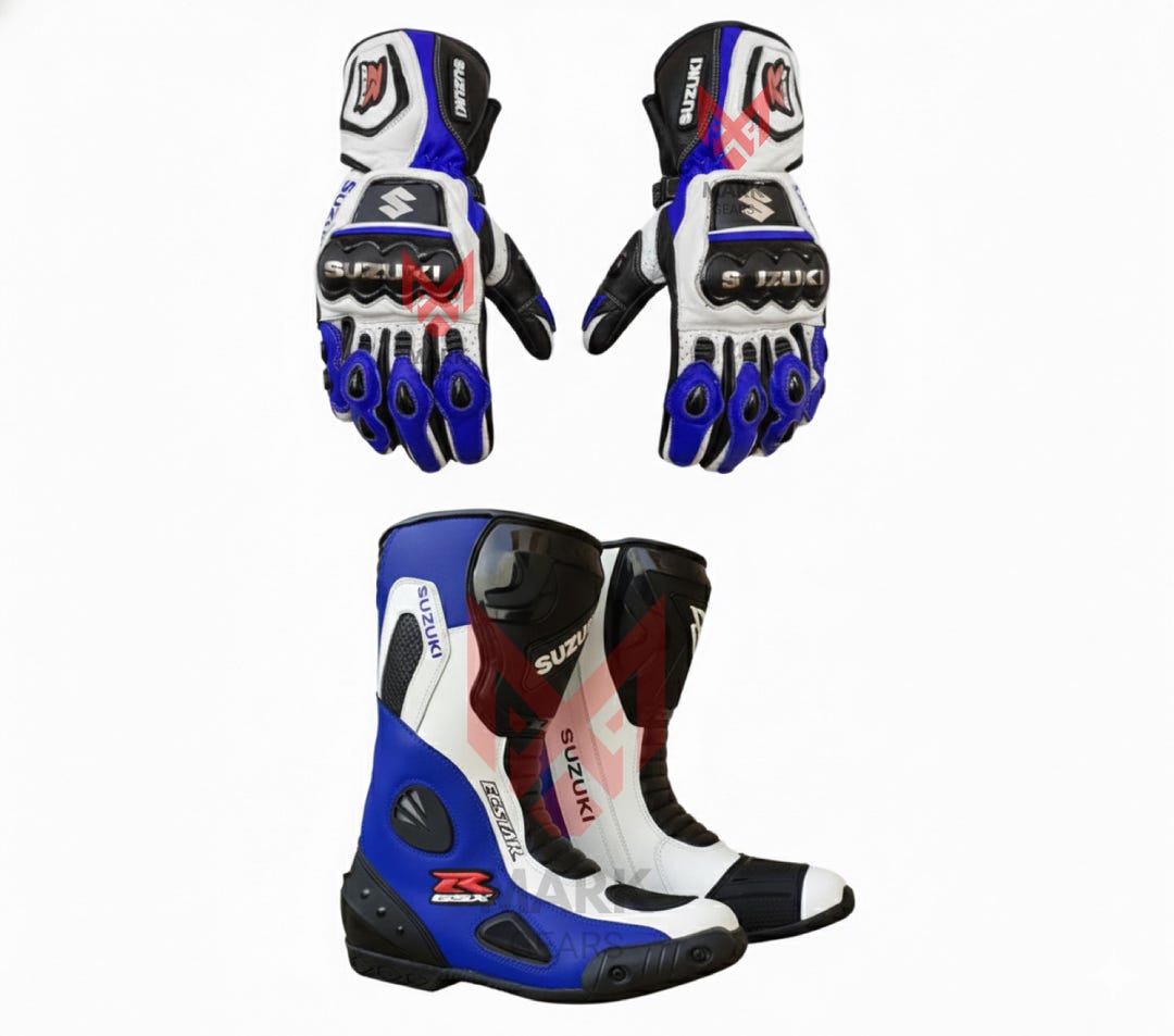 Suzuki GSX White Motorcycle Custom Gloves and Boots Set: Men's Bikers ...