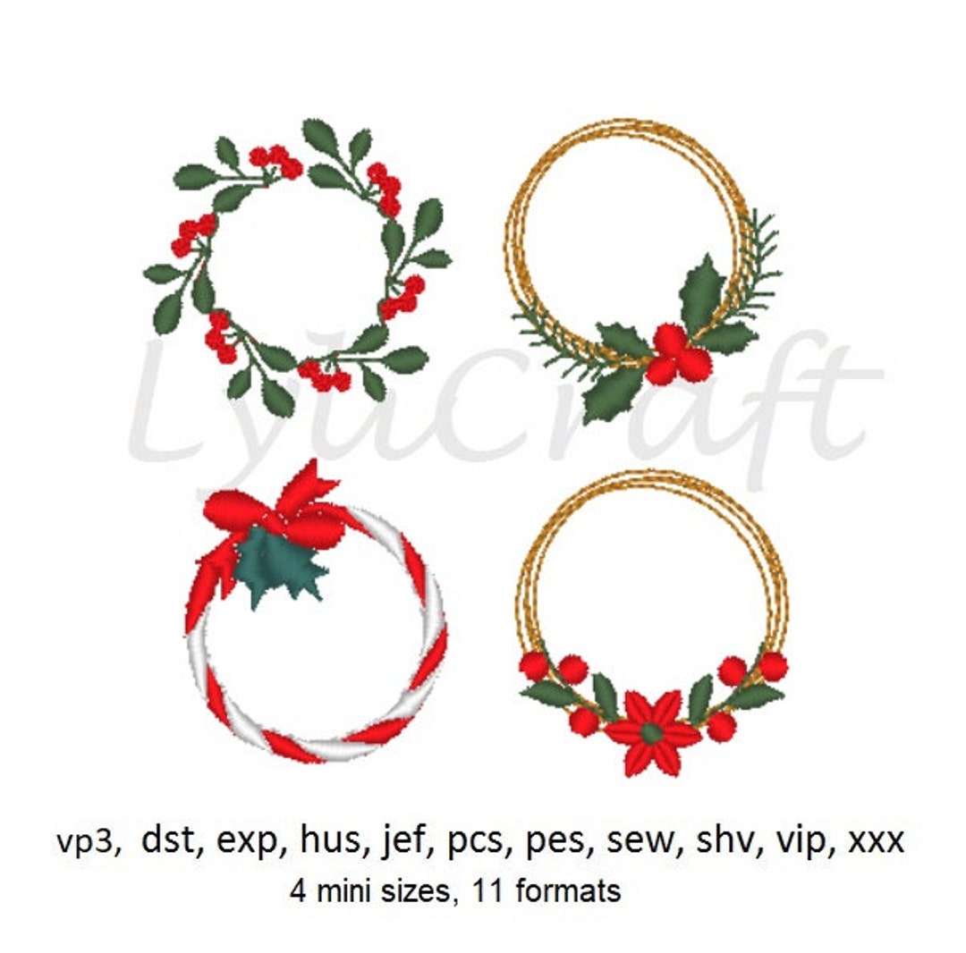 Mini Holly Berry Wreath Embroidery, Small Poinsettia Wreath Embroidery ...