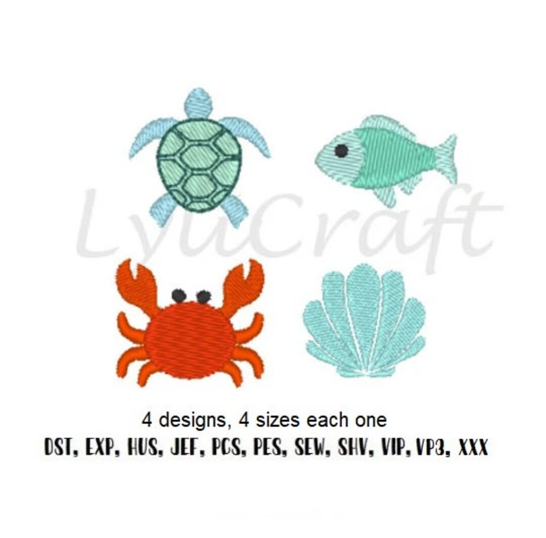 Mini Sea Animals Embroidery, Small Turtle, Fish, Crab and Sea Shell ...