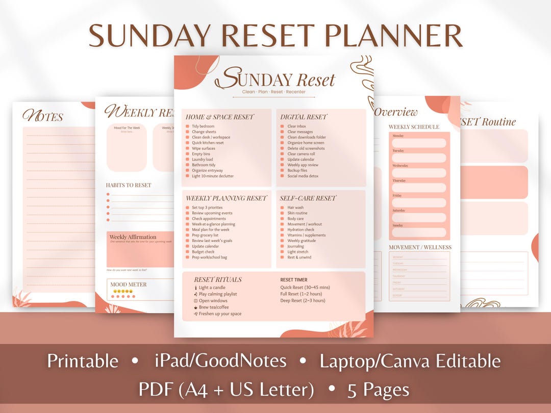 Sunday Reset Planner, Weekly Digital Planner, Printable Canva Editable ...