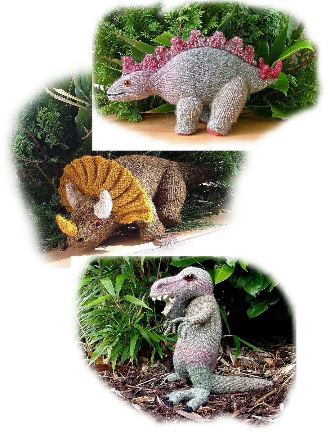 THREE DINOSAUR Tyrannosaurus Triceratops Stegosaurus Knitting Patterns ...