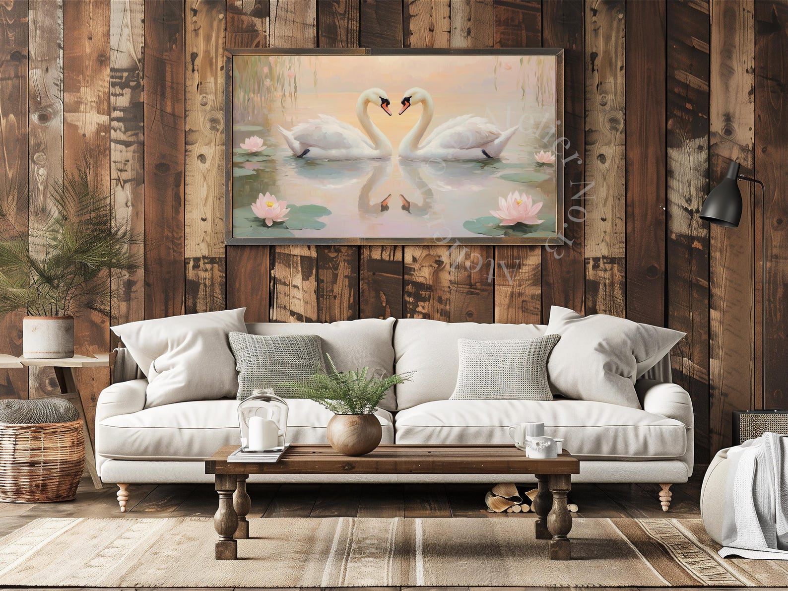 Romantic Swan Pair Pastel Frame TV Art, Watercolor Pond Scene (Digital ...