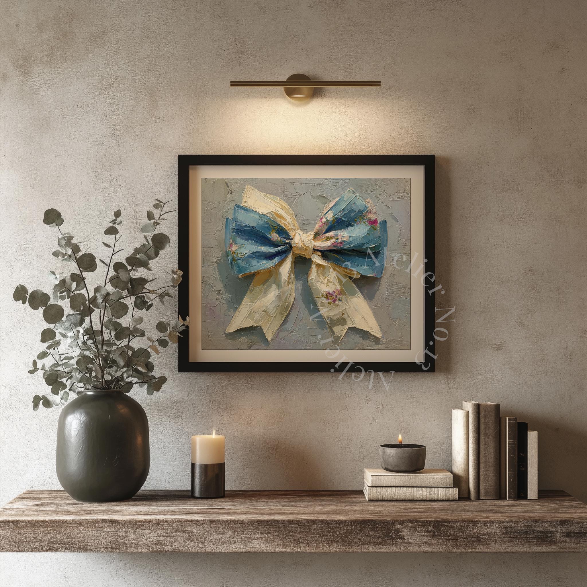Vintage Cottagecore Bow Painting - Powder Blue Ribbon Wall Art, Shabby ...