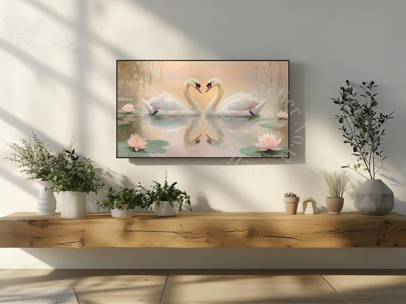 Romantic Swan Pair Pastel Frame TV Art, Watercolor Pond Scene (Digital ...