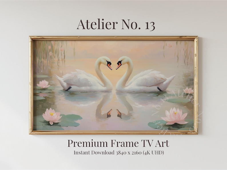 Romantic Swan Pair Pastel Frame TV Art, Watercolor Pond Scene (Digital ...