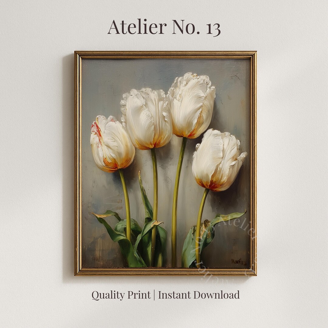 Five White Tulip Buds - Printable Minimal Floral Art, Moody Neutral ...