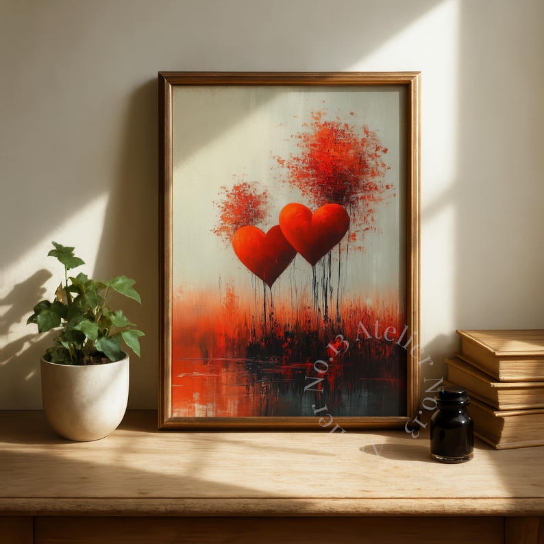 Romantic Modern Abstract Hearts Painting, Bold Valentine Wall Art ...