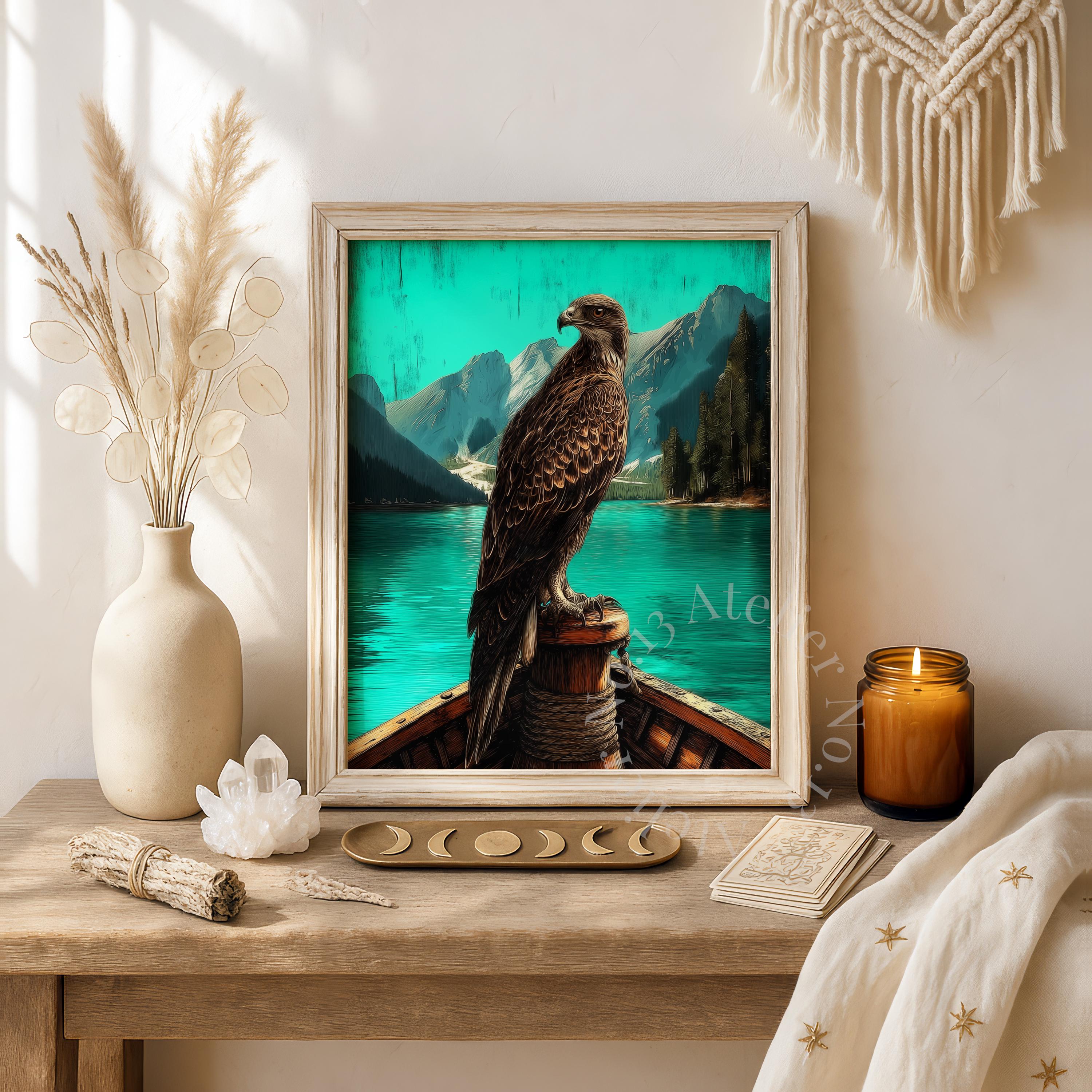 Moody Eagle on Wooden Boat - Rustic Nature Inspired Wall Art, Turquoise ...
