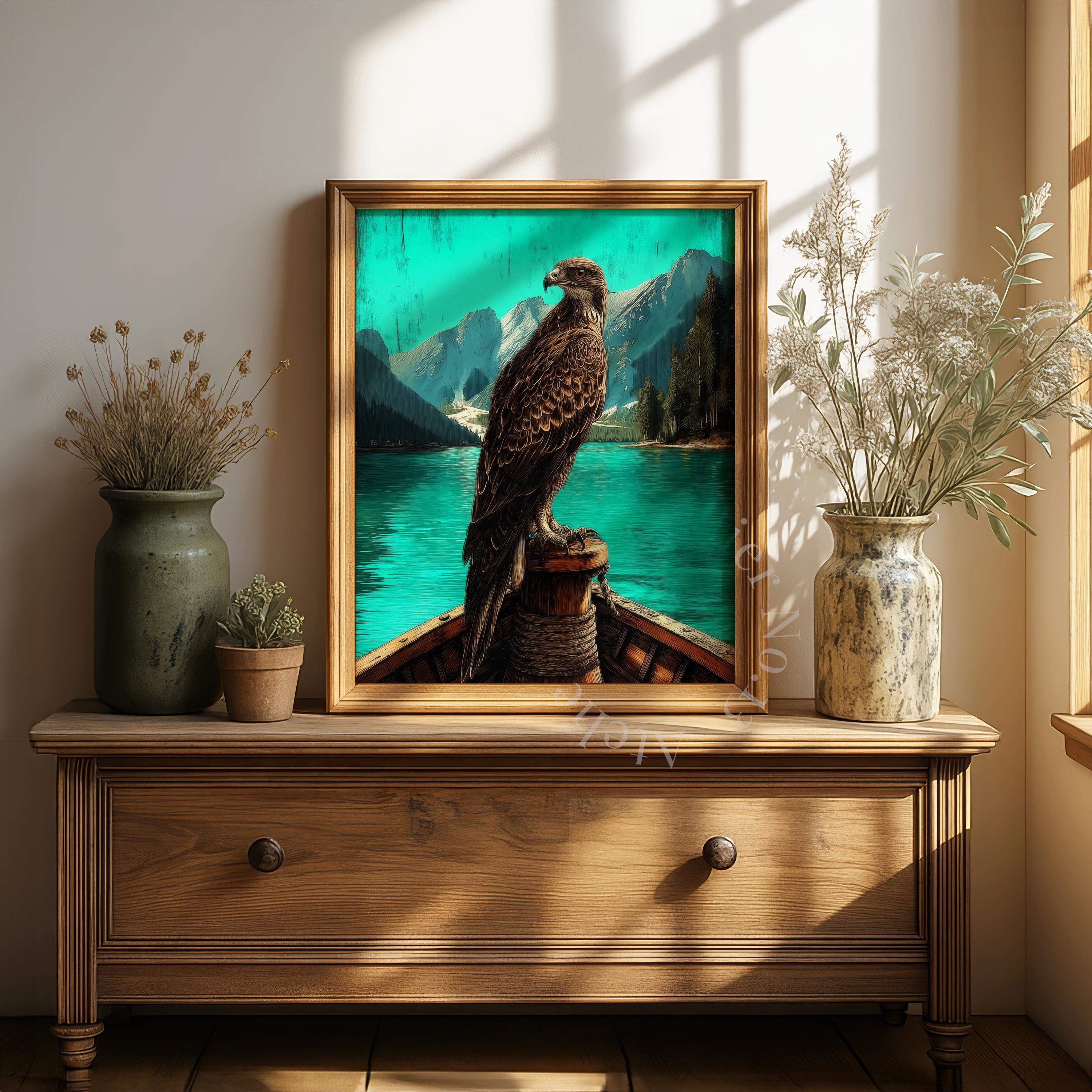 Moody Eagle on Wooden Boat - Rustic Nature Inspired Wall Art, Turquoise ...