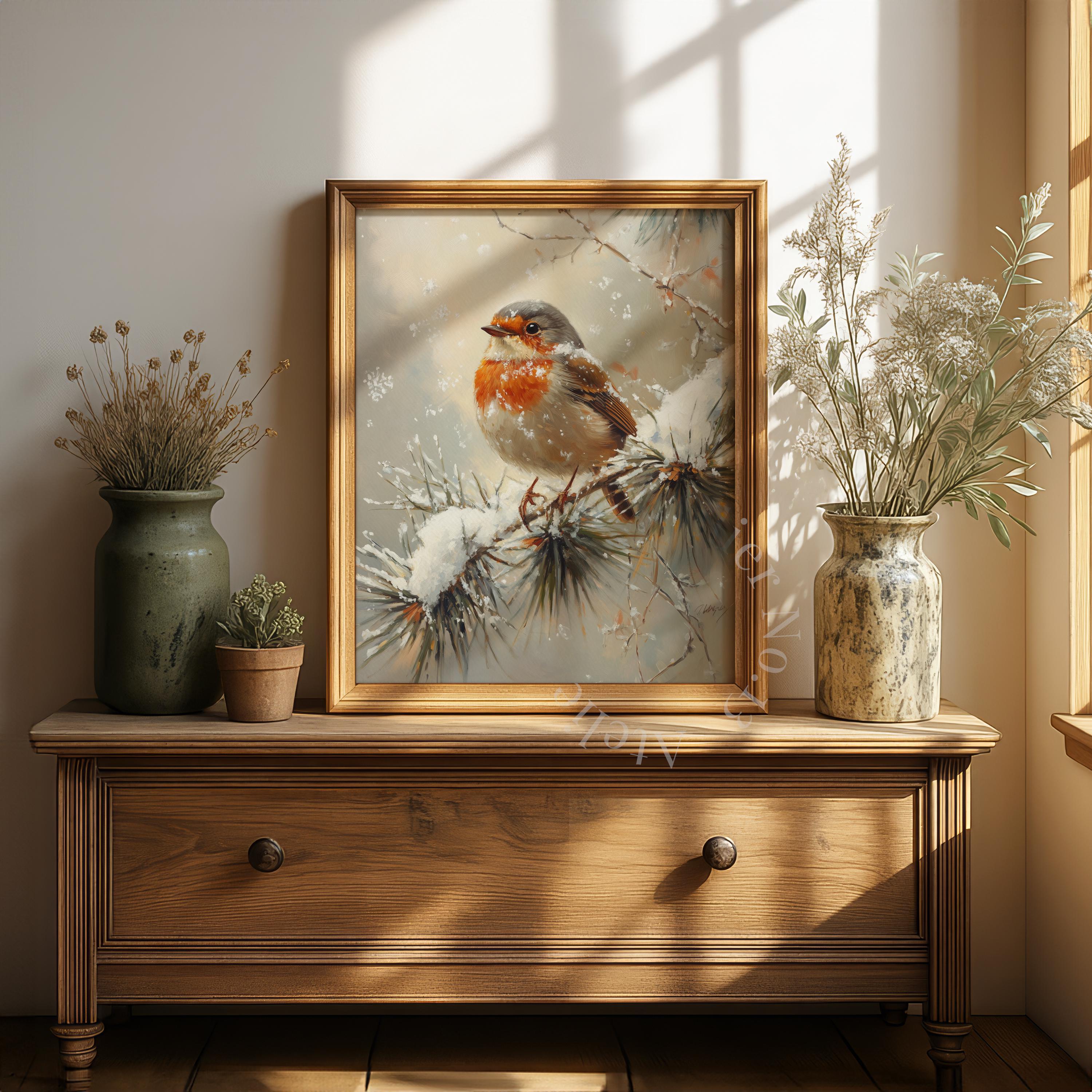 Winter Robin Wall Art, Rustic Wintry Scene, Vintage Christmas Bird ...
