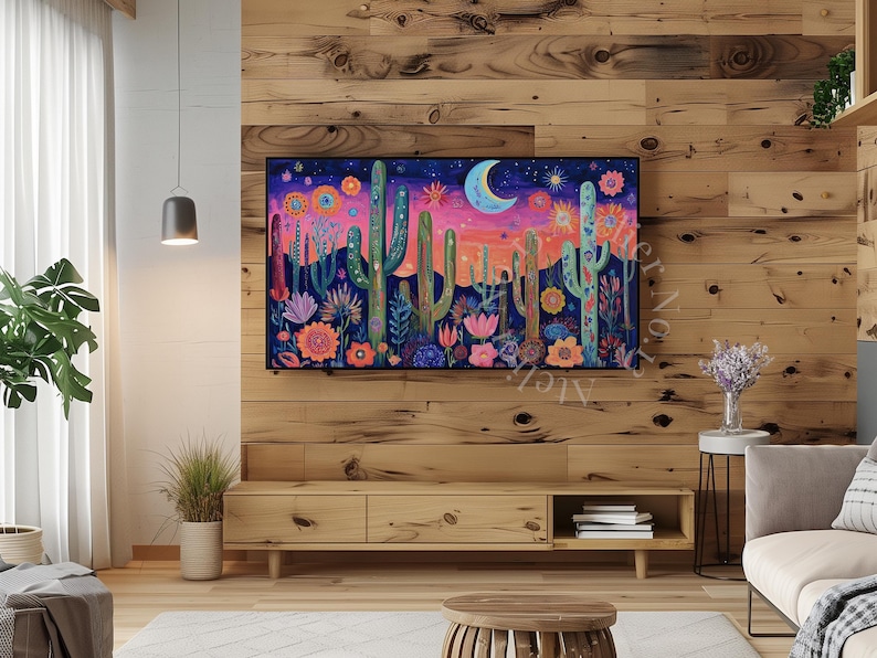 Colorful Cactus Nightscape Frame TV Art, Boho Desert Scene (Digital ...
