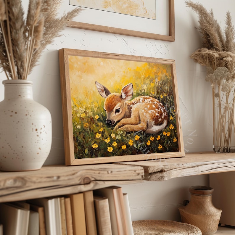 Sleeping Fawn in Meadow Illustration, Cozy Woodland Nursery Wall Art ...