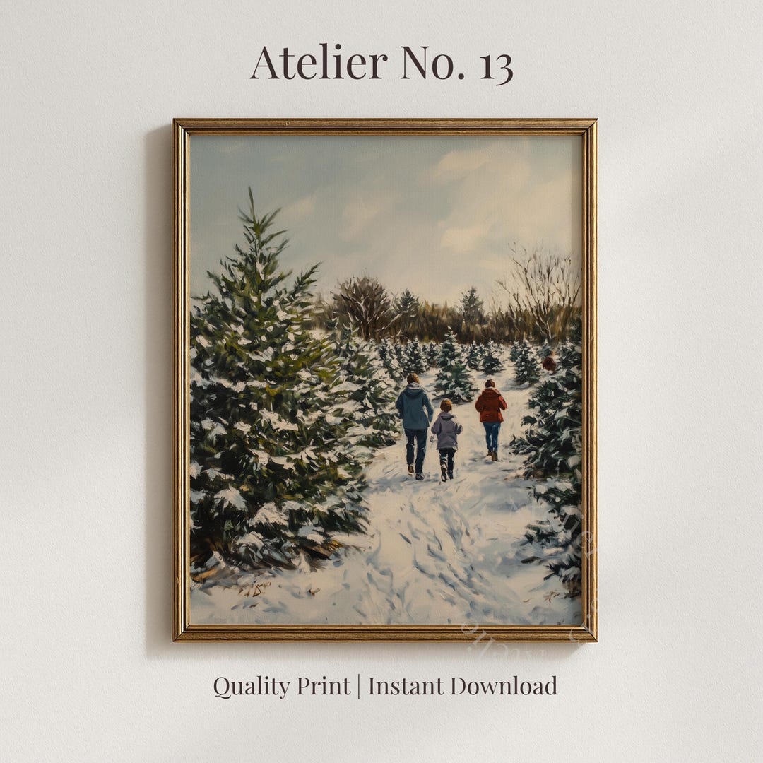 Vintage Winter Family Stroll - Rustic Christmas Tree Farm Scene, Cozy ...