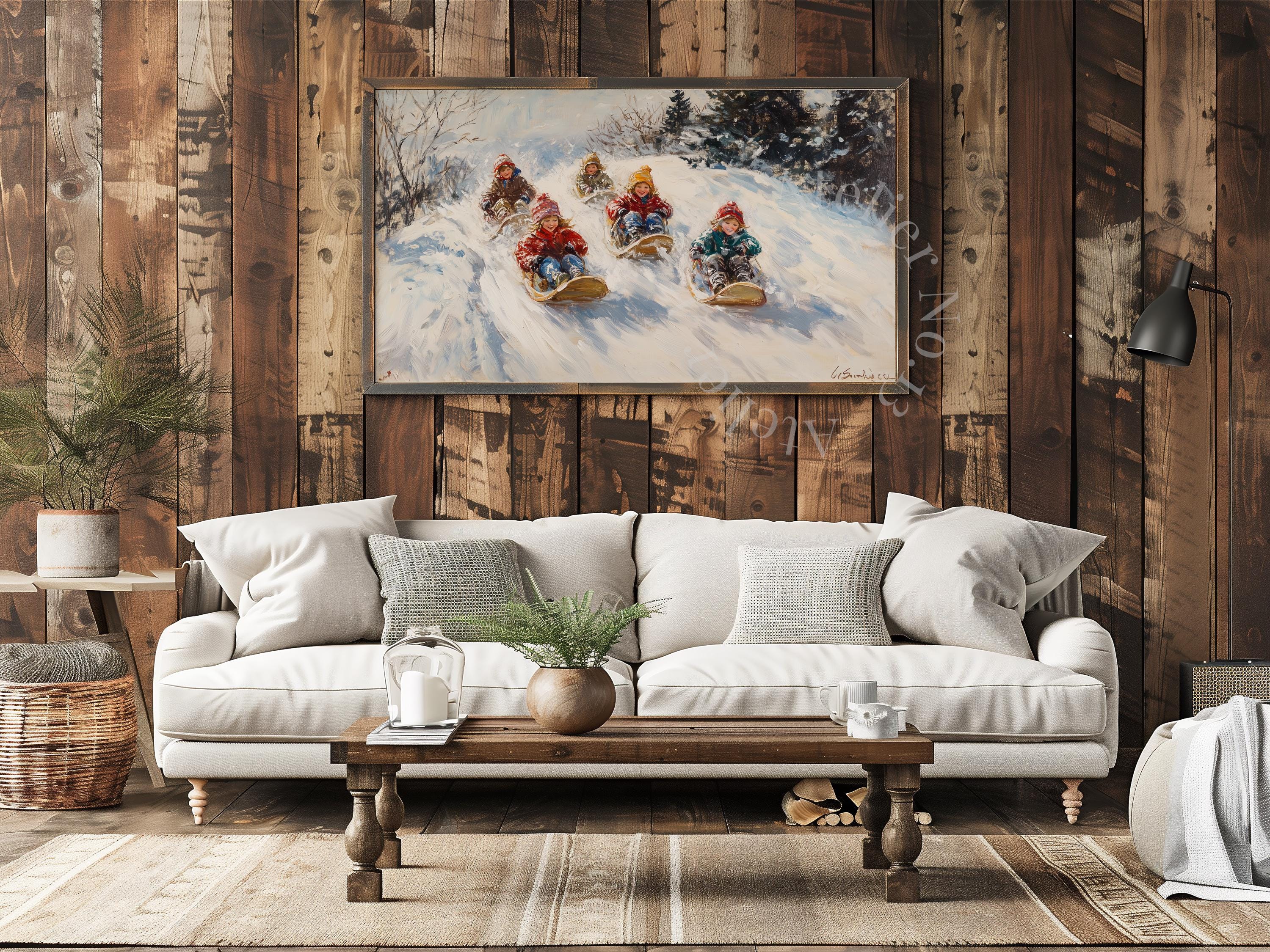 Winter Sledding Frame TV Art, Cozy Kids Art for TV, Vintage Winter ...