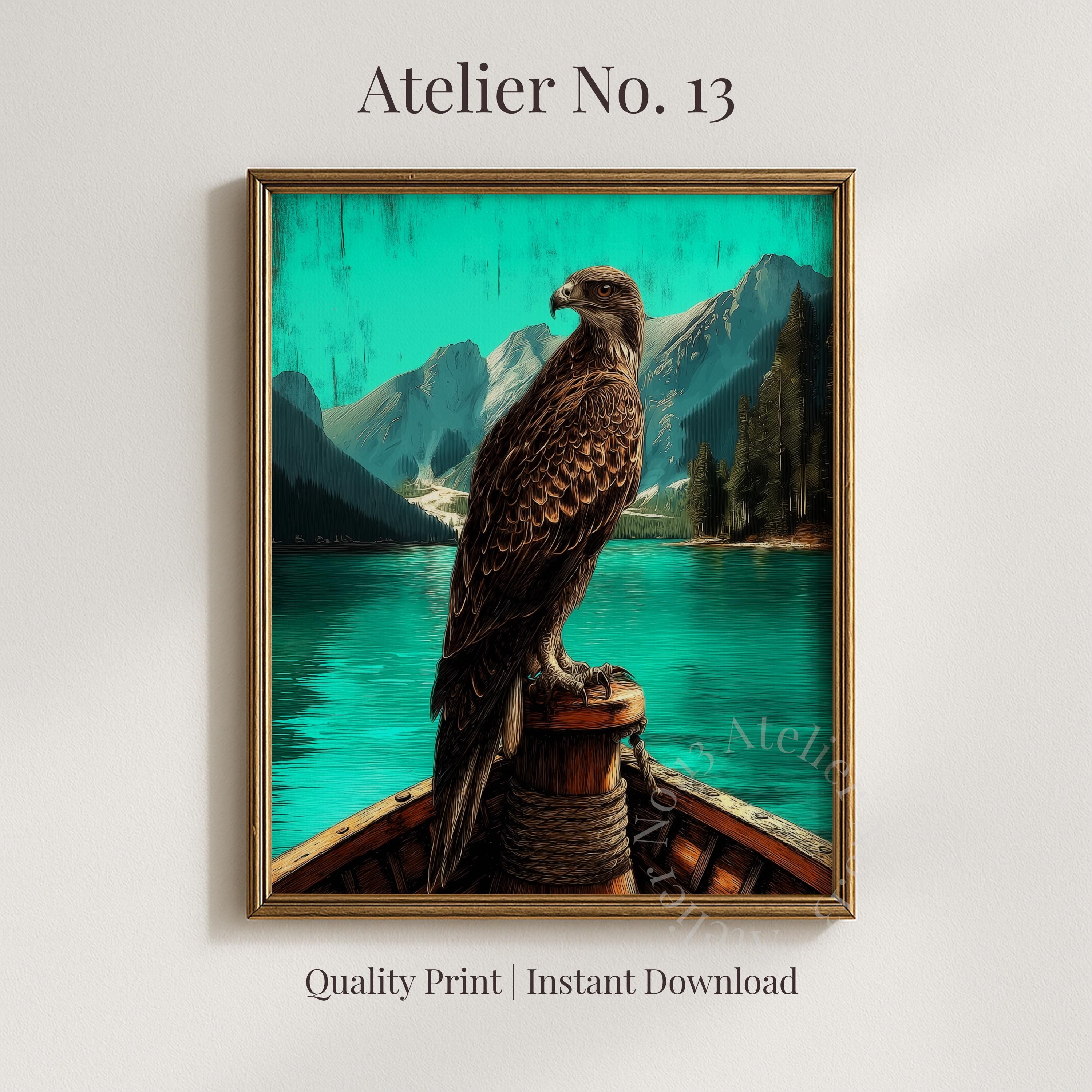 Moody Eagle on Wooden Boat - Rustic Nature Inspired Wall Art, Turquoise ...