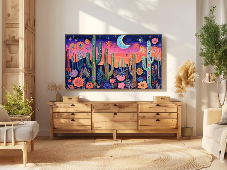 Colorful Cactus Nightscape Frame TV Art, Boho Desert Scene (Digital ...