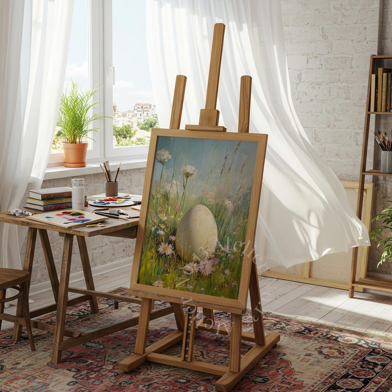 Spring Meadow with Egg and Wildflowers Impressionistic Painting ...