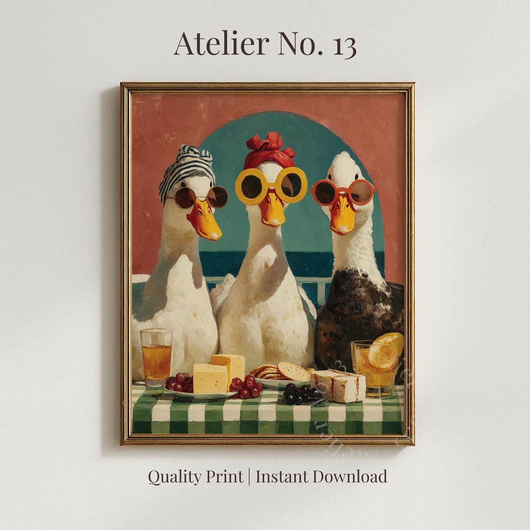 Retro Duck Trio Portrait with Picnic, Coastal Summer Art (Digital ...