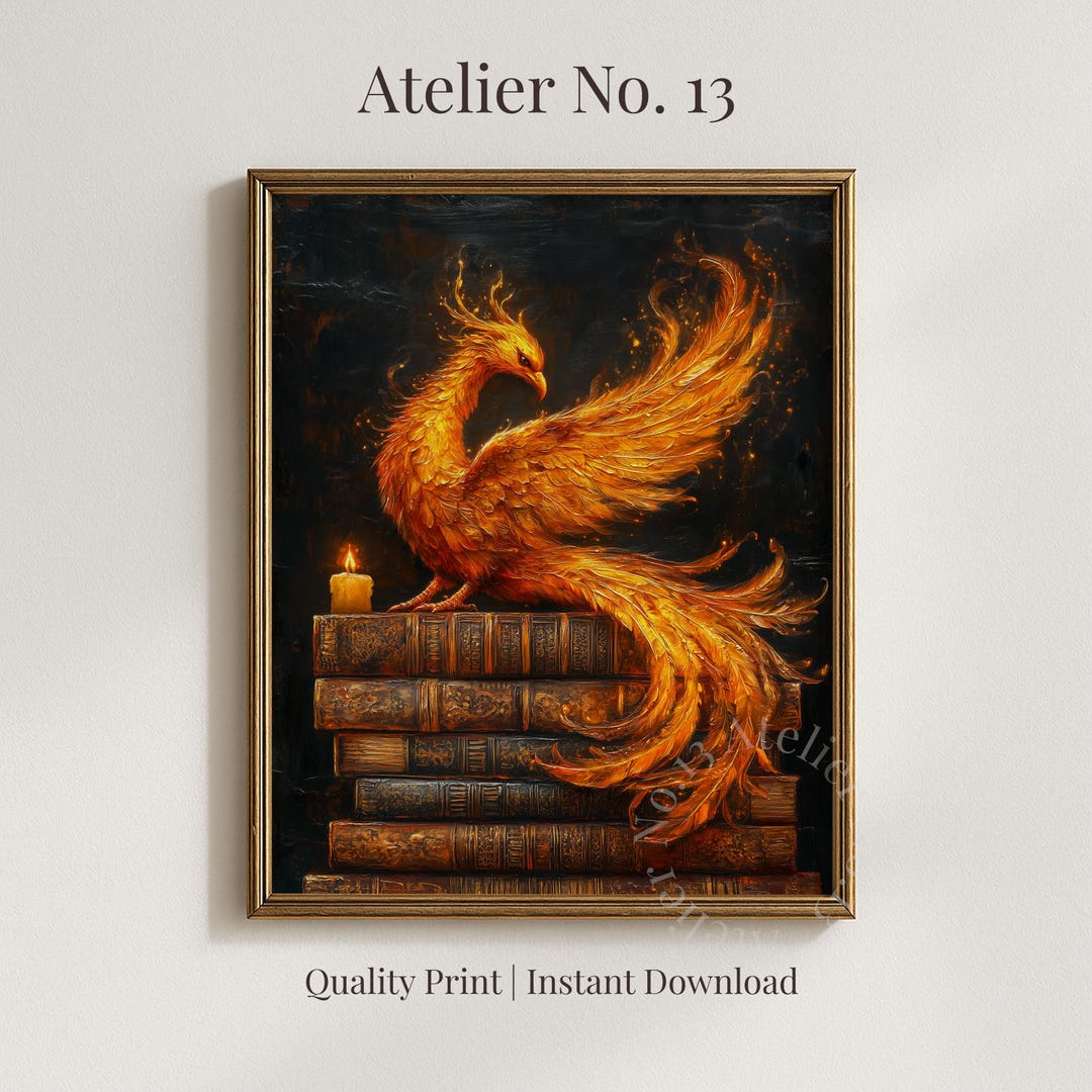 Moody Fantasy Printable Phoenix Art on Ancient Books - Cozy Dark ...
