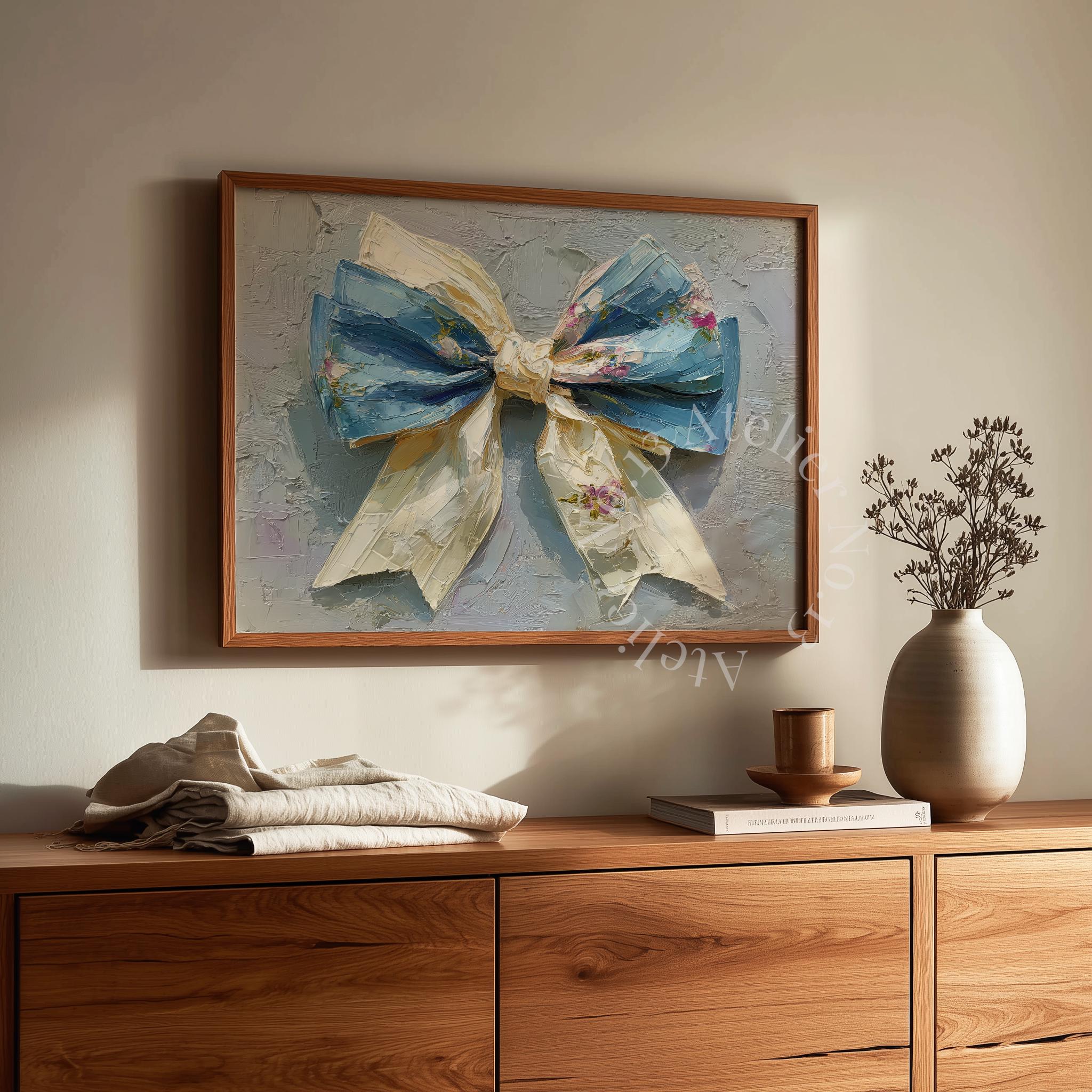 Vintage Cottagecore Bow Painting - Powder Blue Ribbon Wall Art, Shabby ...