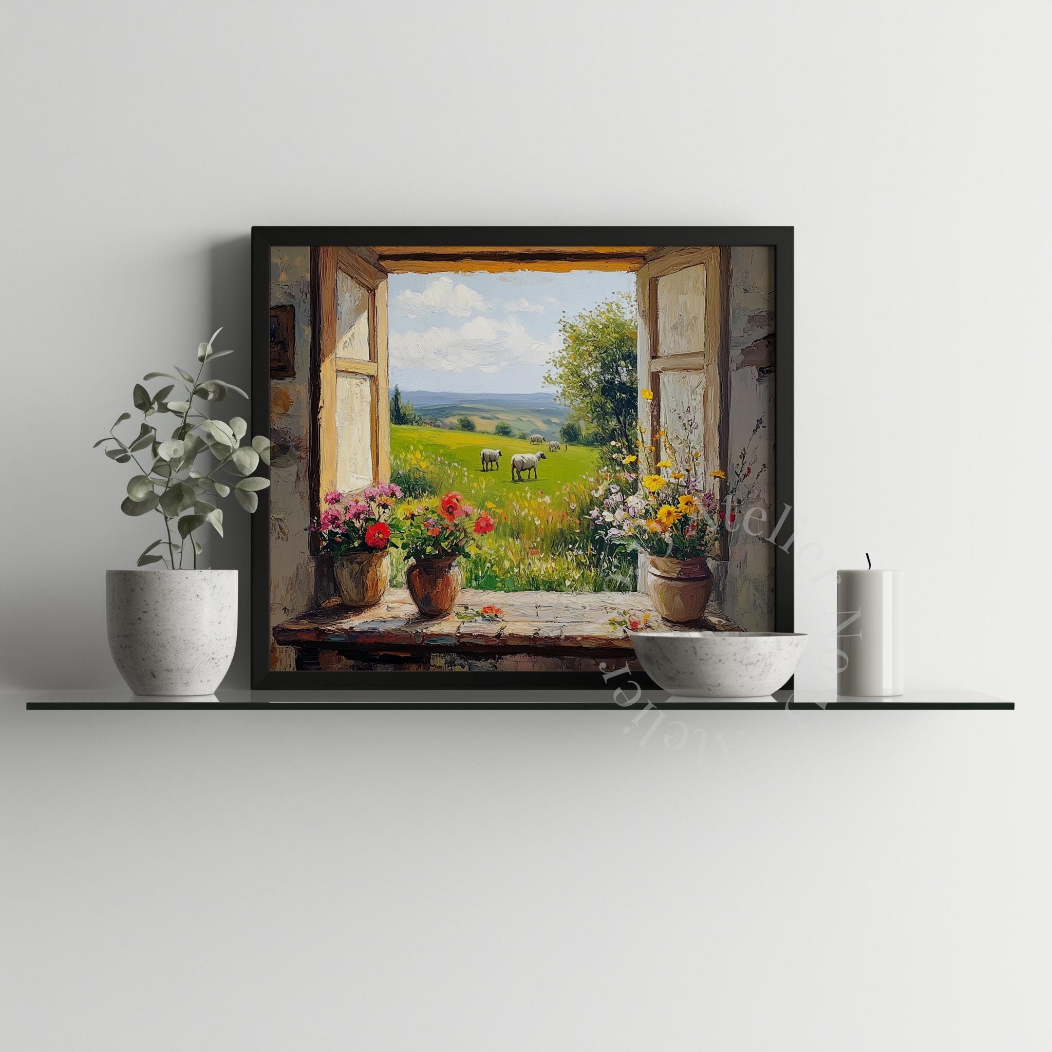 Cottage Kitchen Window View Painting, Rustic Pastoral Scene Art ...