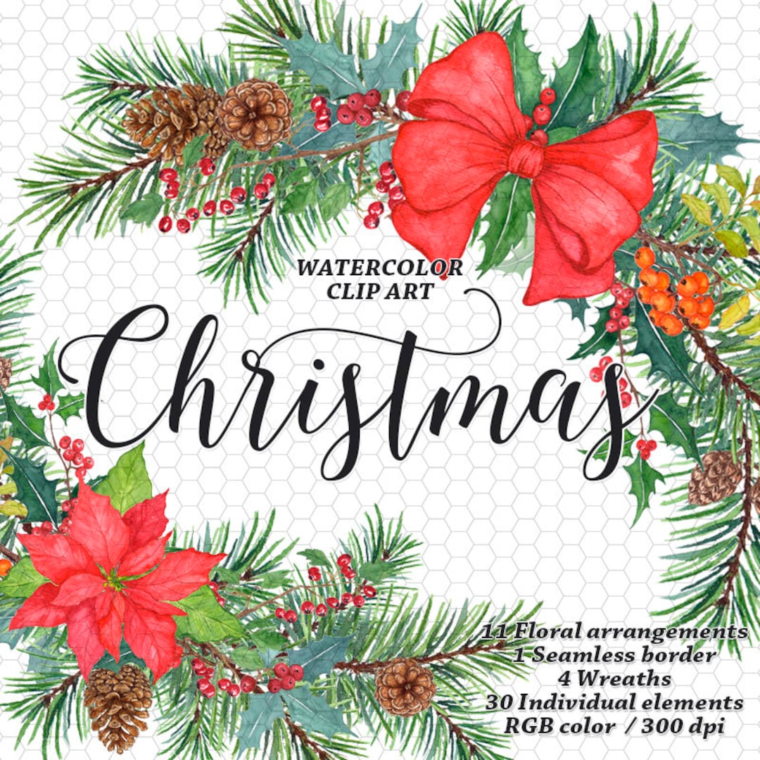 Christmas Clip Art Watercolor Christmas Rustic Christmas Wreath ...