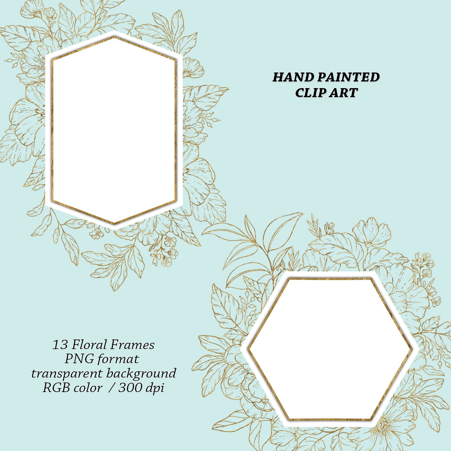 Golden Floral Frames Clip Art Golden Graphic Flowers | Etsy