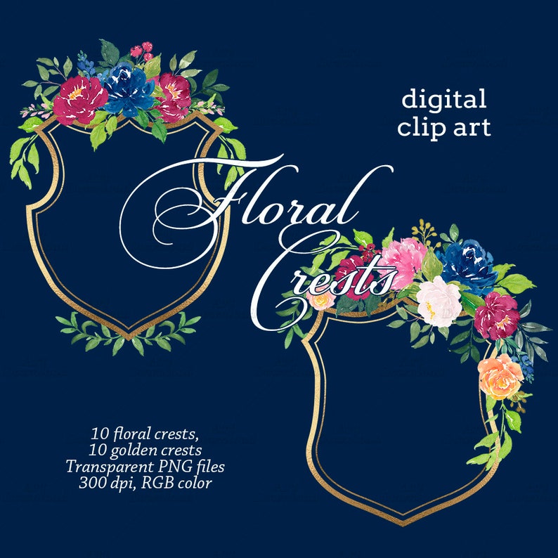 Floral Crest Clip Art - Golden Crest, Wedding Logo, Crest Monogram ...