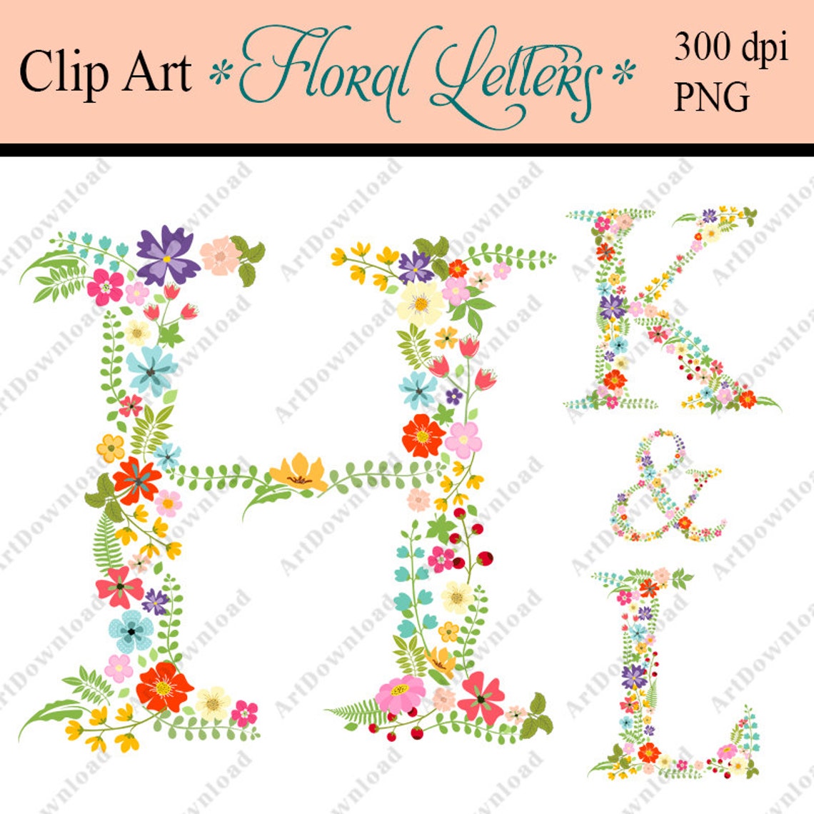 Floral Initials Monogrammed Letters Hand Drawn Floral | Etsy