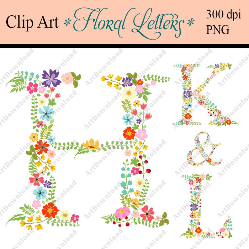 Floral Initials Monogrammed Letters Hand Drawn Floral | Etsy