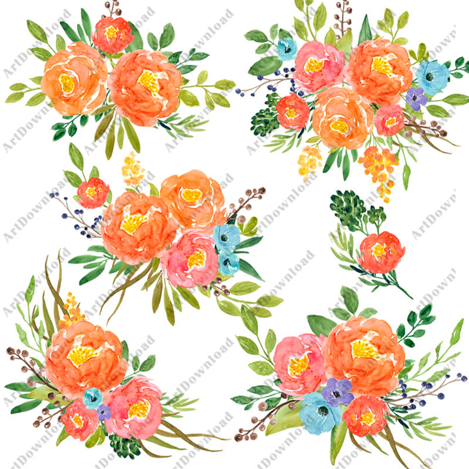 Watercolor Floral Bouquet Clipart - Watercolor Flower Posies, Hand ...