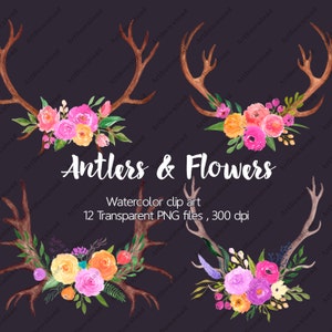 Antlers and Flowers - Watercolor Floral Antlers, Clip Art Flowers With ...