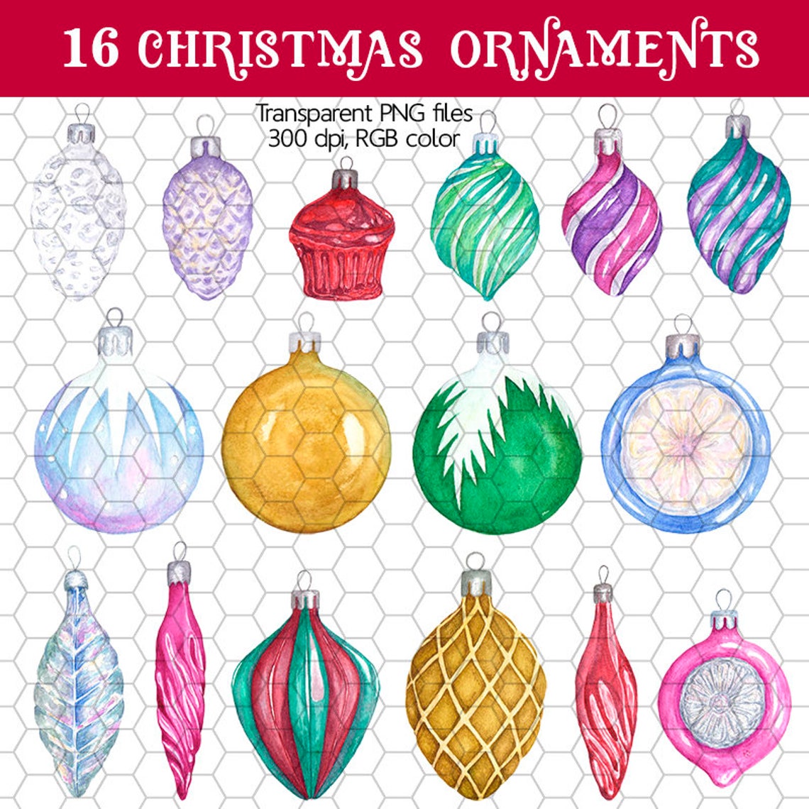 Watercolor Christmas Ornaments Clip Art Christmas Balls | Etsy