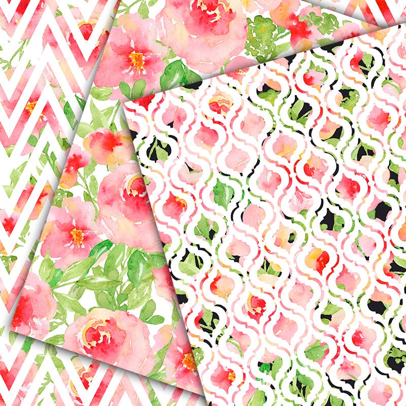 Watercolor Floral Digital Paper Chevron Polkadots Stripes - Etsy