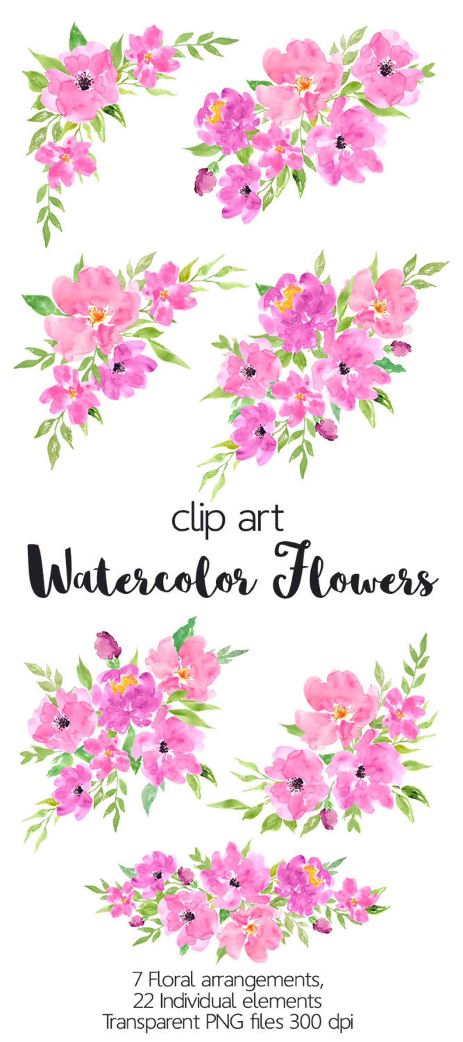 Flower Clipart Watercolor Pink Floral Clip Art Hand Painted | Etsy
