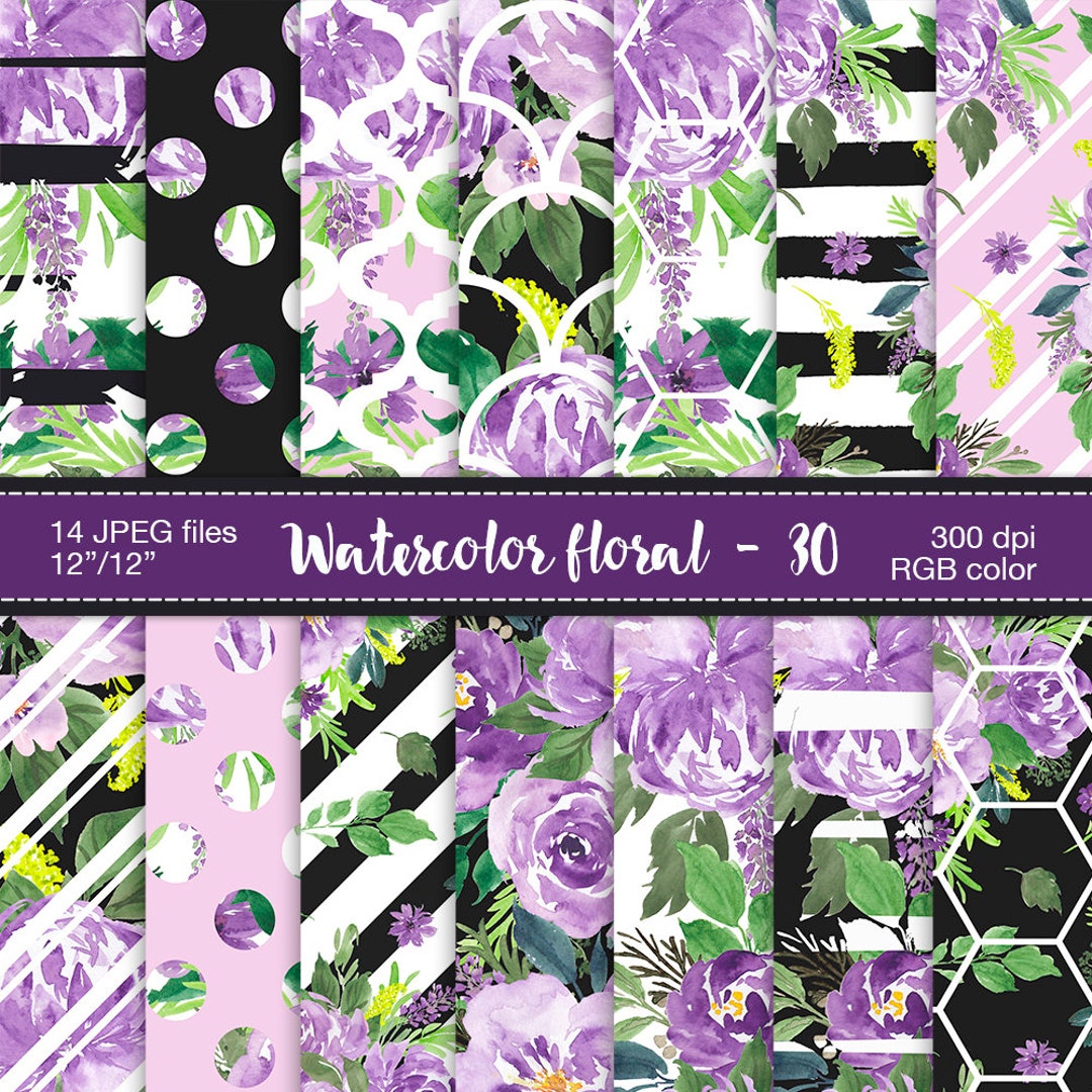 Watercolor Digital Paper, Floral Digital Paper, Purple Flowers, Floral ...