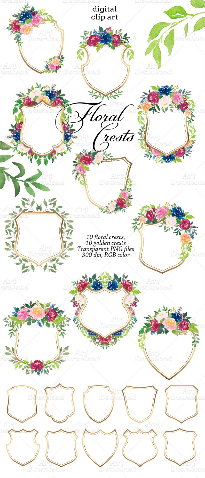 Floral Crest Clip Art Golden Crest Wedding Logo Crest - Etsy