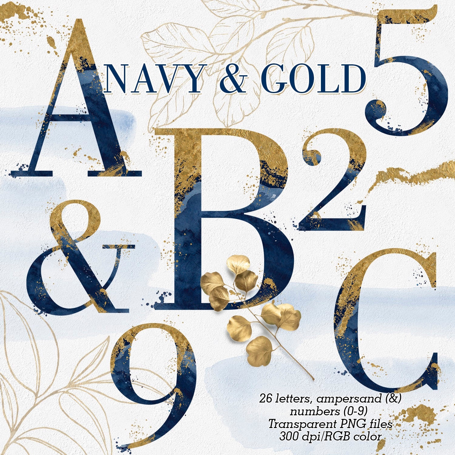Navy Gold Alphabet and Numbers Clip Art Monogram Letters | Etsy