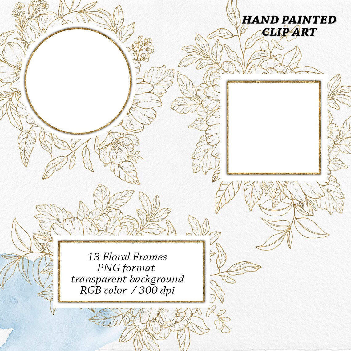 Golden Floral Frames Clip Art Golden Graphic Flowers - Etsy