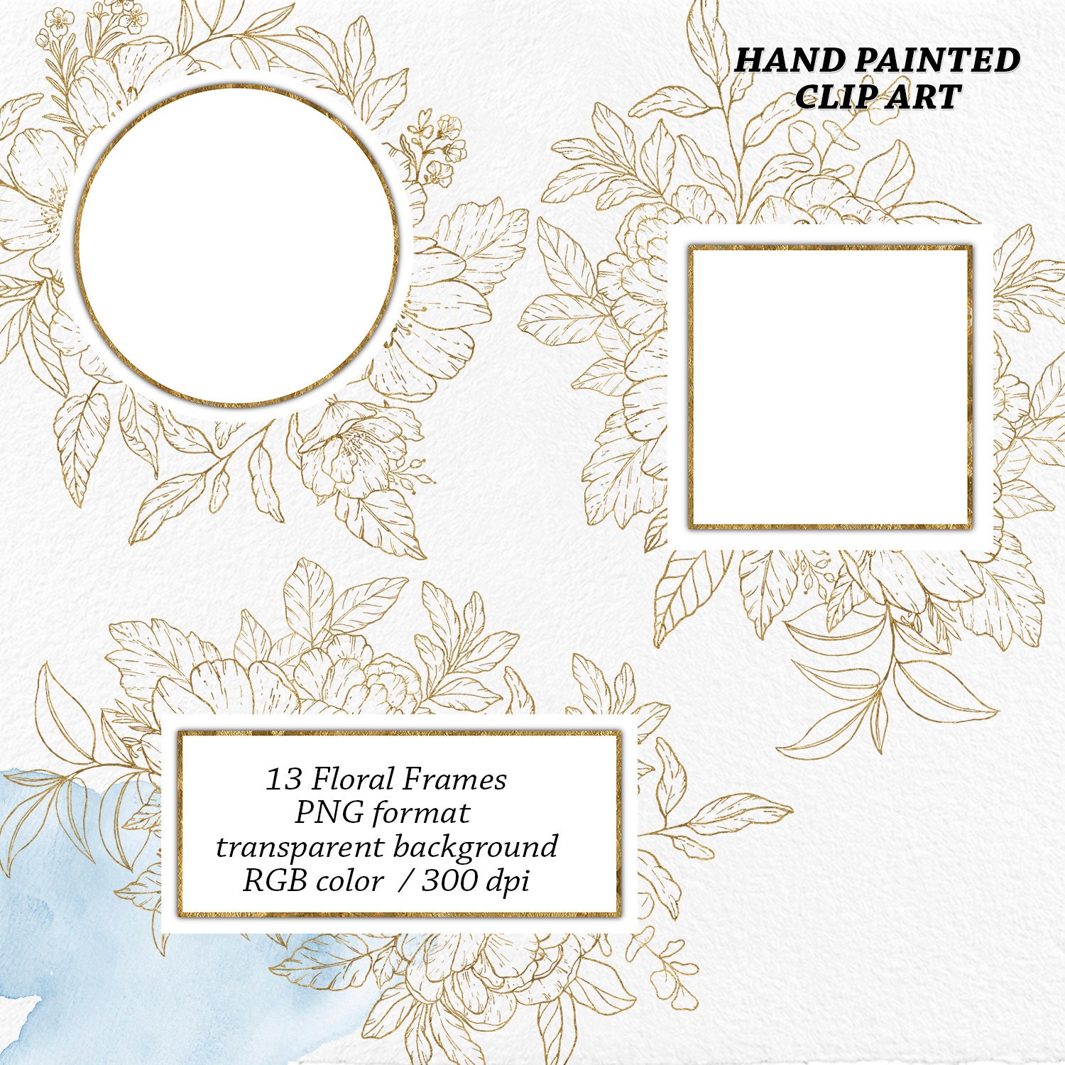 Golden Floral Frames Clip Art Golden Graphic Flowers | Etsy