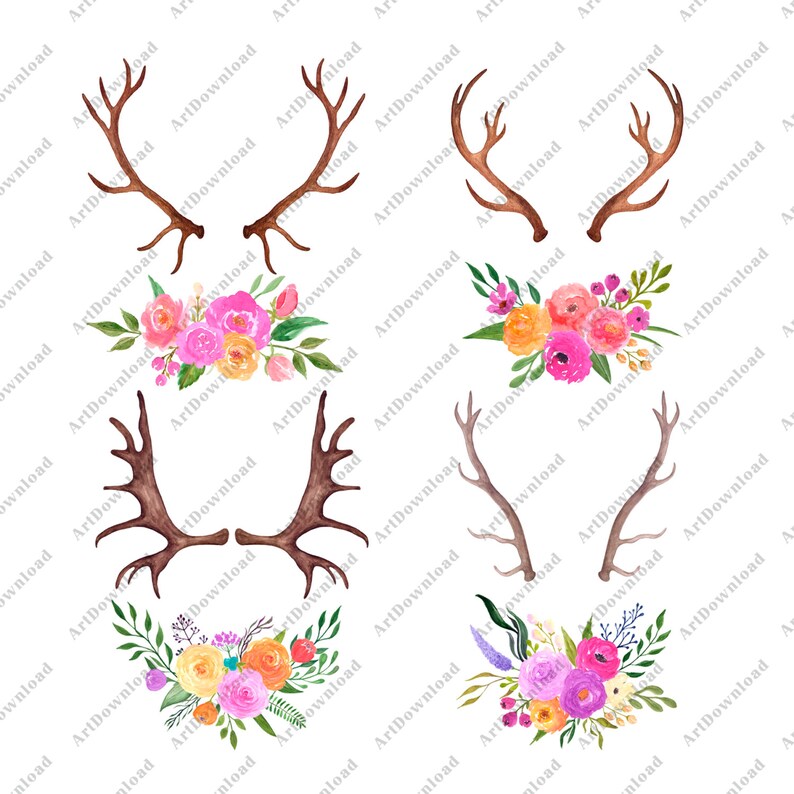 Antlers and Flowers Watercolor Floral Antlers Clip Art - Etsy