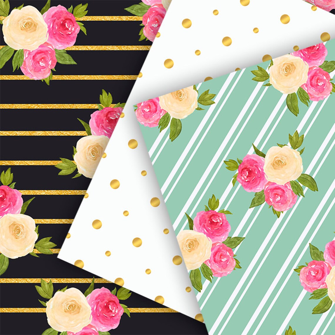 Watercolor Floral Digital Paper Floral Patterns Roses Gold | Etsy